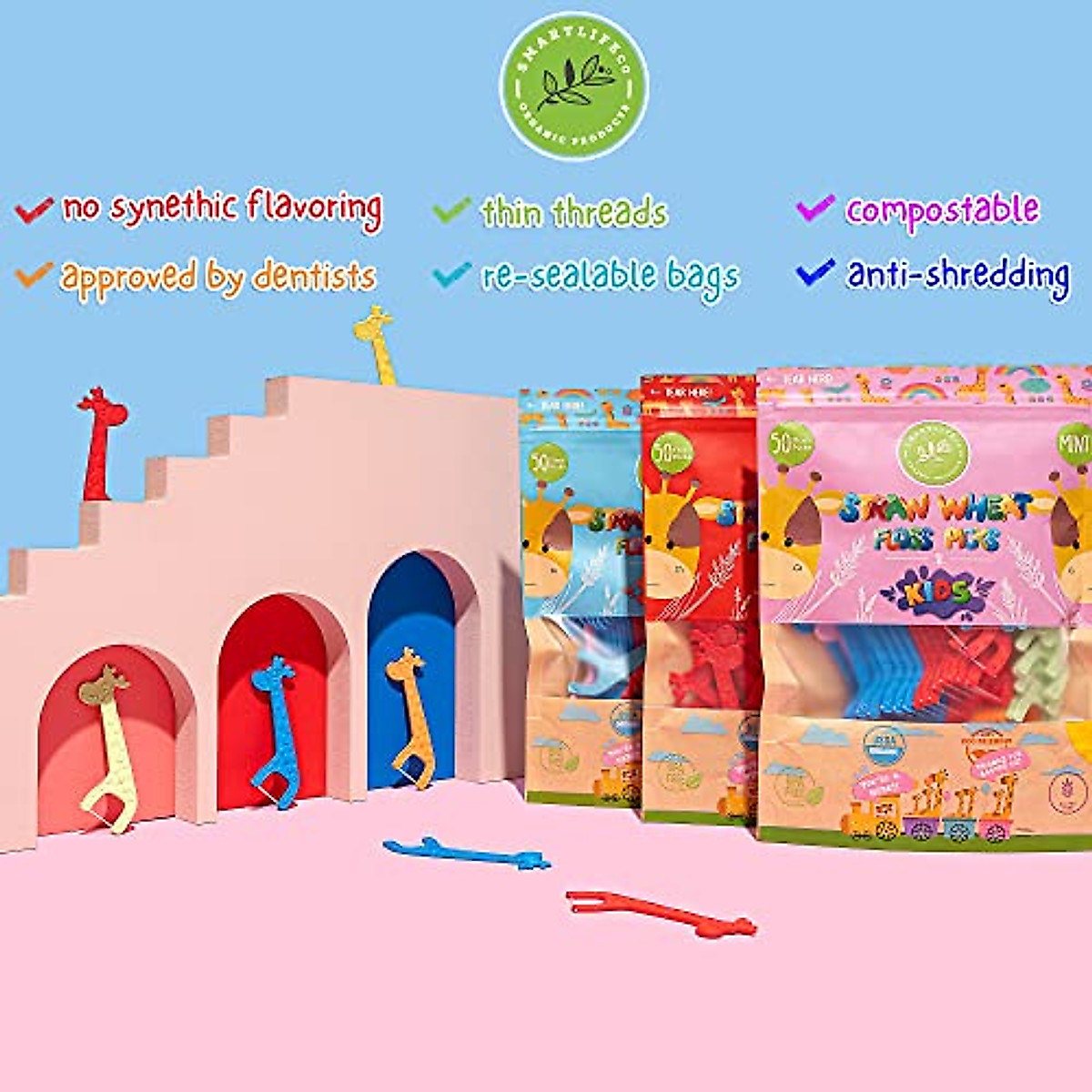 Biodegradable Kids Flossers - Fluoride & Plastic Free | Eco Friendly Dental Floss Picks for Childrens Teeth | Natural Fun Animal Flossing Sticks for Toddlers | Organic & Compostable (200 Pack, Mint)