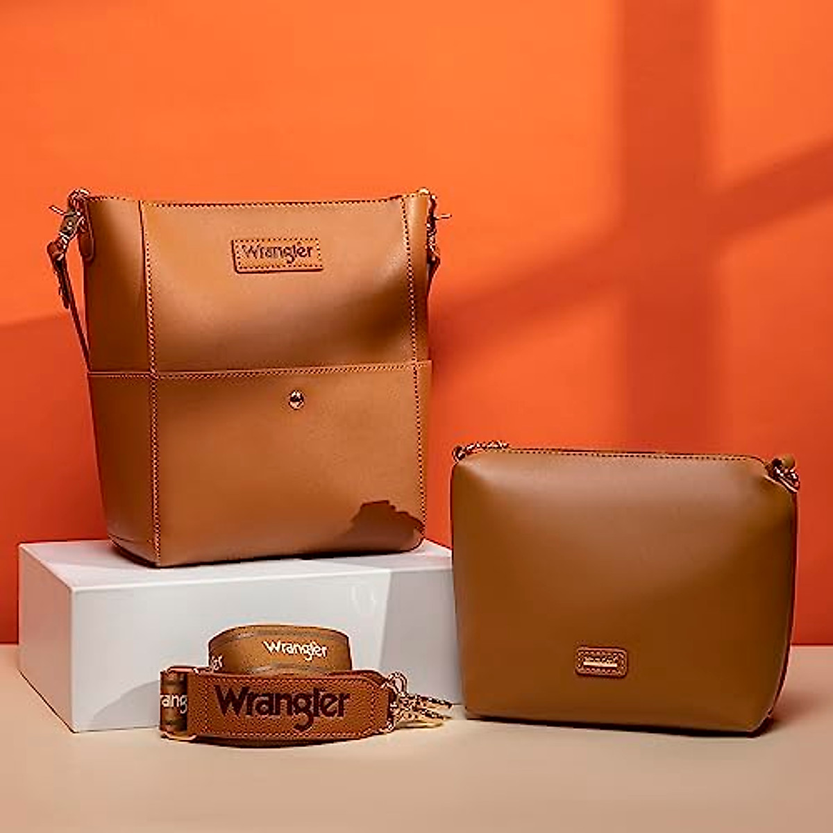 Wrangler Bucket Handbags for Women Crossbody Shoulder Purse with Guitar Strap and Hobo Bag Organizer Insert Tote Oversized Brown WG67-918BR