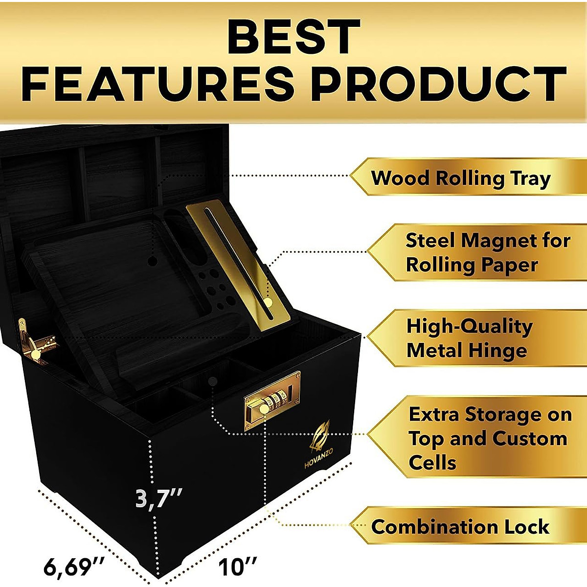 HOVANZO Premium Large Bamboo Box - Decorative Box Wooden Locking Storage Box with Rolling Tray - Decorative Wood Box for Herbs and Accessories - Decorative Box Set with Combination Lock