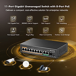 MokerLink 11 Port Gigabit PoE Switch with 8 PoE+ Port, 2 Gigabit Uplink, 1 SFP Port, 120W AI Detection, Qos, Fanless Metal Plug & Play Unmanaged Network Switch