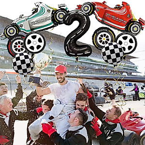 Number 2 Race Car Balloons, 43 Inch Race Car Party Decorations, Wheel Tire Balloons, Black and White Checkered Foil Balloons, Car Balloons for Boys 2nd Birthday Party Decoration - Pack of 9