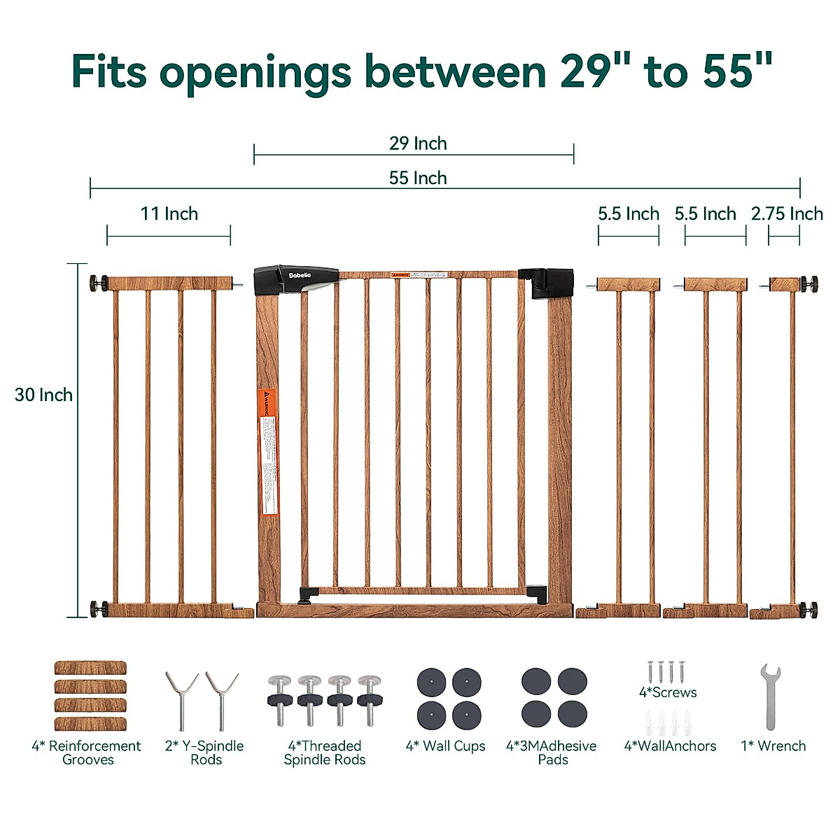 BABELIO 29-55" Extra Wide Baby Gate with Wood Pattern, Metal Auto Close Dog Gate,Pressure Mounted Pet Gate for Doorways, with Y Threaded Spindle Rods, No Tools Required