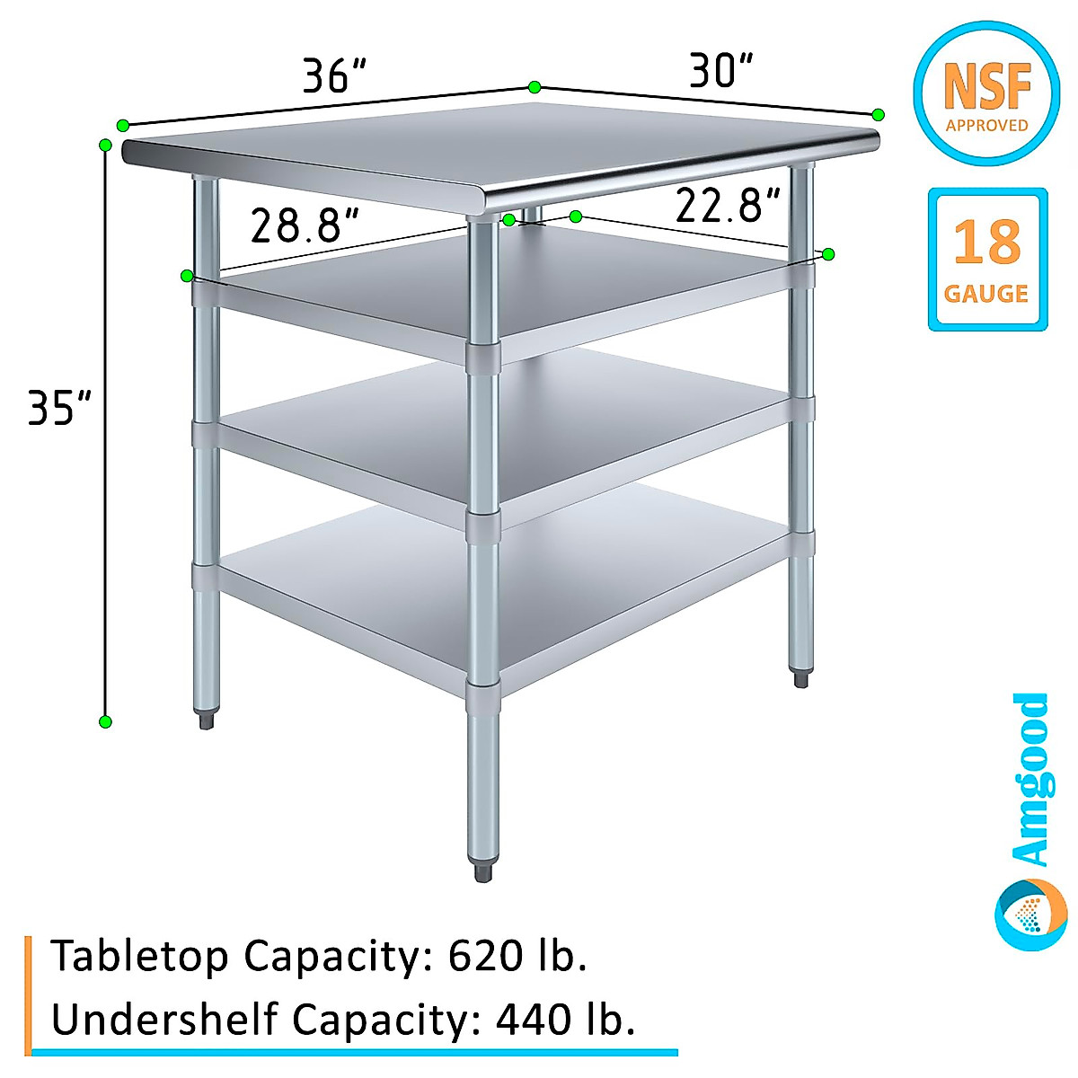 AmGood Stainless Steel Work Table with 3 Shelves | Metal Utility Table | Commercial & Residential NSF Utility Table (36" Long x 30" Deep)