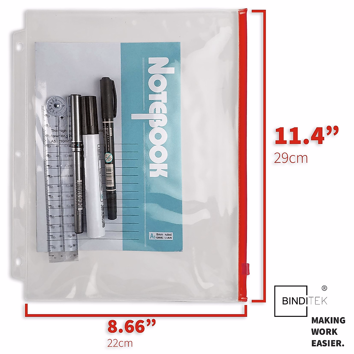 Binditek 40 Pack Plastic Zippered Binder Pockets, 3-Hole Punched for 3 Ring Binder, Clear PVC with Multicolor Zippers, Waterproof Loose Leaf Bag Pouch for Document Filing and Storage