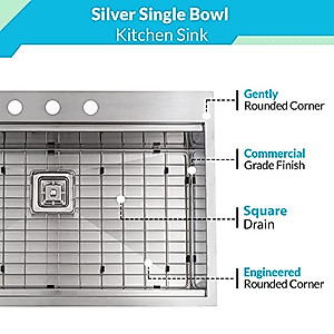 Strictly Sinks 33 Topmount Kitchen Workstation Sink Silver Single Bowl 16 Gauge Stainless Steel Drop In Sink With Scratch, Stain Resistant Colander, Cutting Board, Bottom Grid & Strainer Square Drain