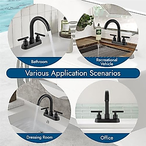 Cinwiny Matte Black Bathroom 4 Inch Centerset Sink Faucet SUS304 Double Handles Swivel Spout Deck Mount Mixer Tap with Pop-up Drain Lavatory Bathroom Vanity Faucets