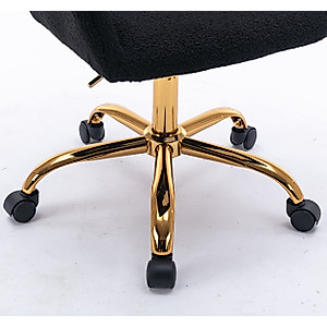 SSLine Faux Fur Vanity Chair Elegant Black Furry Makeup Desk Chairs for Girls Women Modern Comfy Fluffy Arm Chair with Gold Wheels in Bedroom Living Room