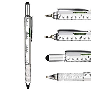 DUNBONG Metal Multi tool Pen 6-in-1 Stylus Pen - With Screwdriver, Ballpoint Pen Black ink, Stylus pen, Level and Ruler, 1-Count (Silver)