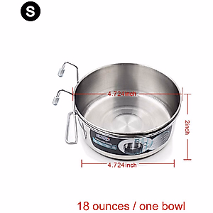 MLCINI Hanging Pet Bowl, 3 Size 2 Pack Non Spill Stainless Steel Food Water Bowls Bunny Feeder with Hook for Dogs Cats in Crate, Cage & Kennel (S/18 Ounce)