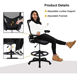 Drafting Chair Ergonomic Tall Office Chair Standing Desk Chair with Flip Up Arms Foot Rest Back Support Adjustable Height Mesh Drafting Stool, Black