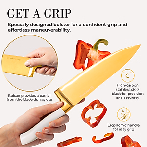 Gold Knife Set with Block Self Sharpening - 14 PC Luxurious Titanium Coated Gold and Off-White Kitchen Knife Set and White Knife Block with Sharpener, White and Gold Kitchen Accessories and Decor