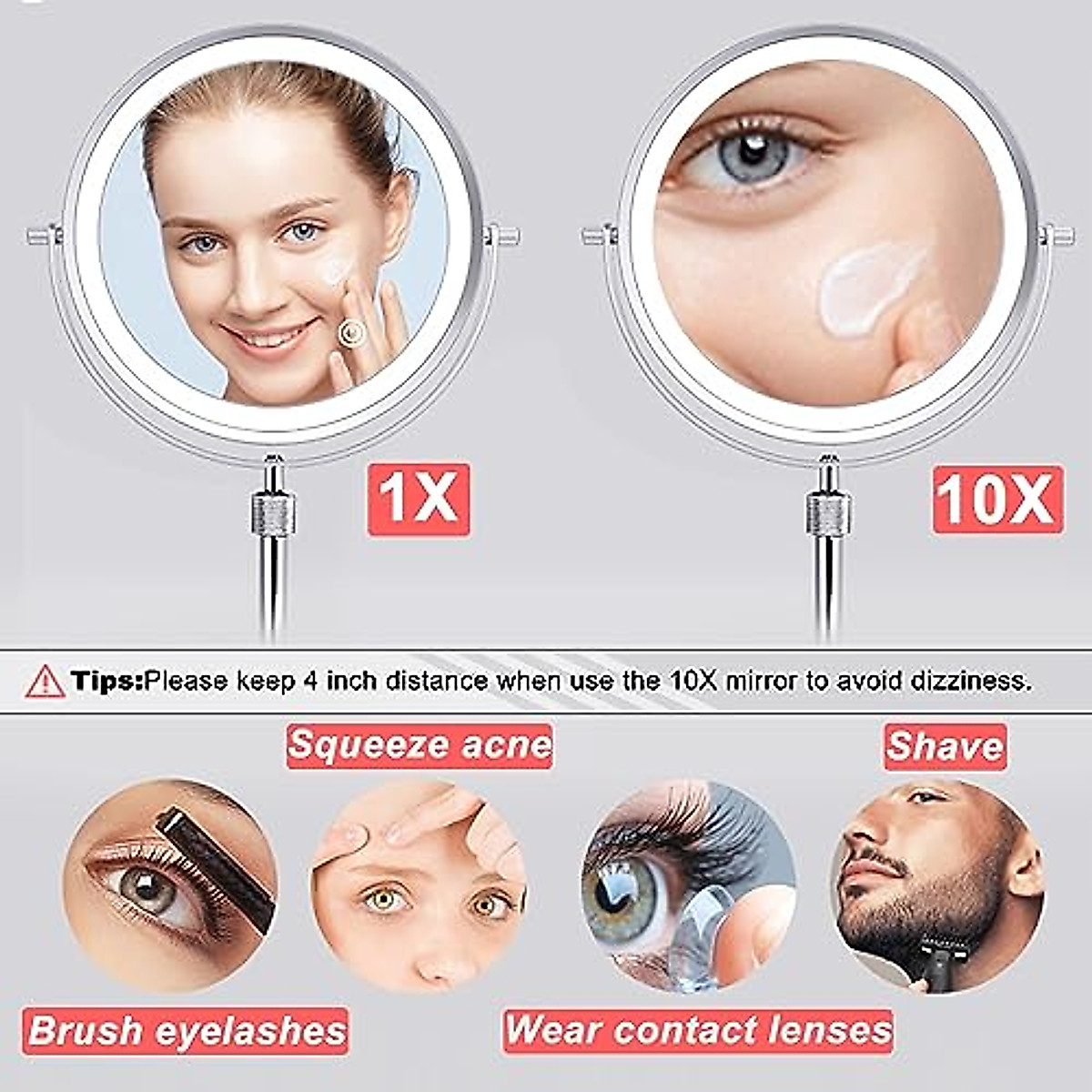 TUSHENGTU 8" Makeup Mirror with Lights and 10x Magnifying LED Rechargeable, 360° Rotating Adjustment,Vanity Swivel Mirror 3 Colors (T840-C-10X)