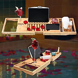 MarkPride Bamboo Bathtub Caddy Tray, Expandable Luxury Bath Table, Adjustable Accessories, with Book/Tablet Holder, Wine Glass Slot, Gift Idea for Loved Ones
