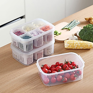 MANMAOHE Fridge Food Storage Containers with Lids Airtight Refrigerator Food Fresh Box with 6 Pcs Detachable Drain Basket Vegetables Sealed Keeper for Ginger Garlic Onion