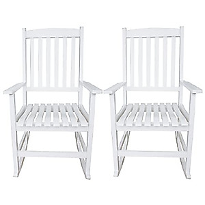 BTEXPERT Indoor Outdoor Slatted Wooden Front Rocking Chair Garden Deck Porch Rocker, Furniture, White, Set of 2