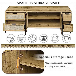 Voohek Boho Stand with Drawers and Adjustable Shelves, Media Console Table for 65 inch Television, Entertainment Center w/Storage Used in Living Room, for 65" TV/Rattan, Natural