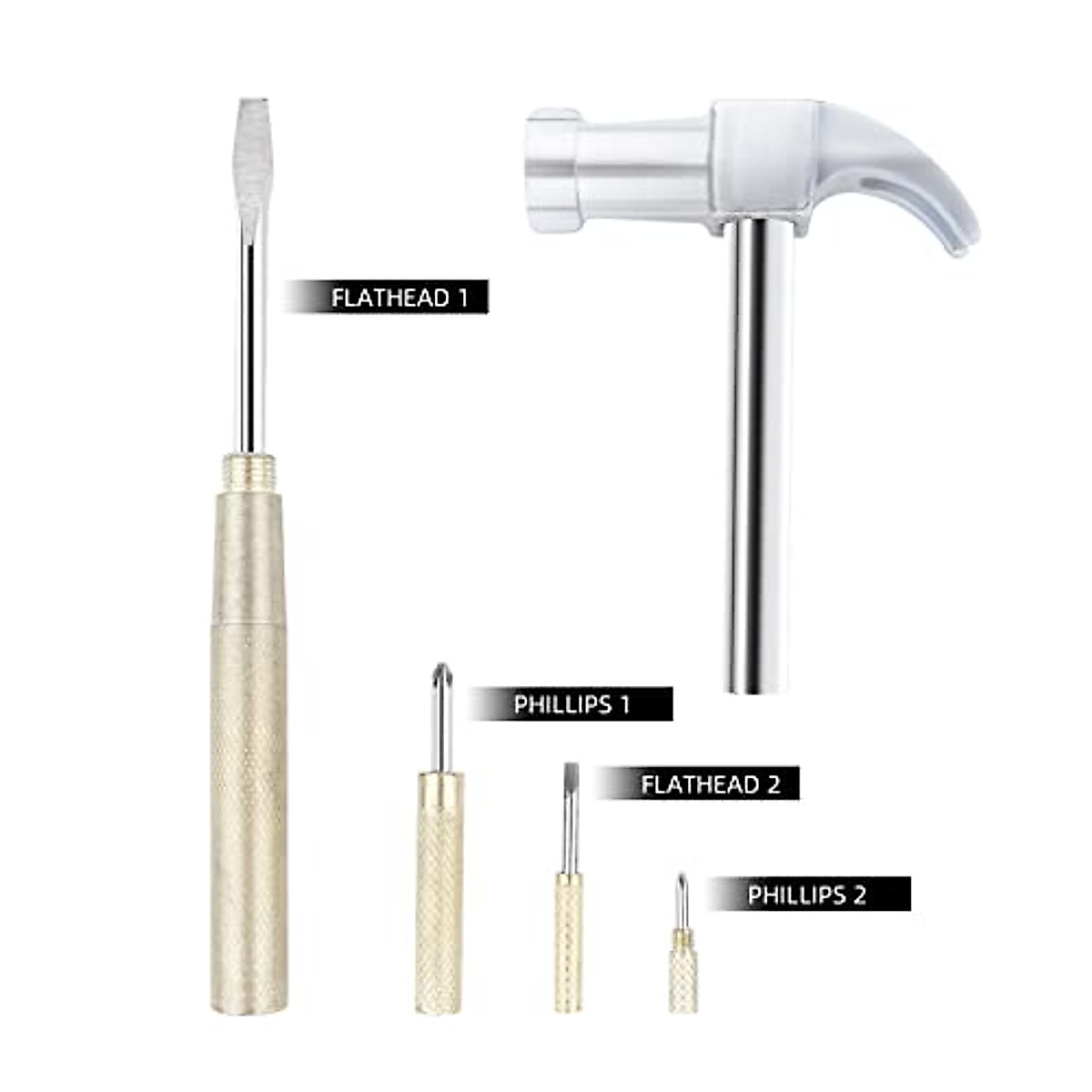 YOUMI 6 in 1 Metal Hammer & Screwdriver Multitool Set with Anti-Slip Grip Handle Slotted/Flat Head Phillips Screwdriver Nail Puller and Claw Hammer Best Gift for Sweetheart(Silver Yellow)