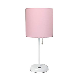 Limelights LT2044-POW Stick USB Charging Port and Fabric Shade Table Lamp, White/Light Pink,8.5 x 8.5 x 19.5