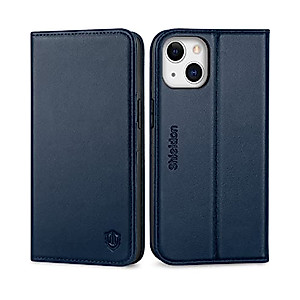 SHIELDON Case for iPhone 13 6.1", Genuine Leather iPhone 13 Wallet Folio Case with Kickstand RFID Blocking Card Holder Magnetic Full Protection Shockproof Case Compatible with iPhone 13 5G - Navy Blue