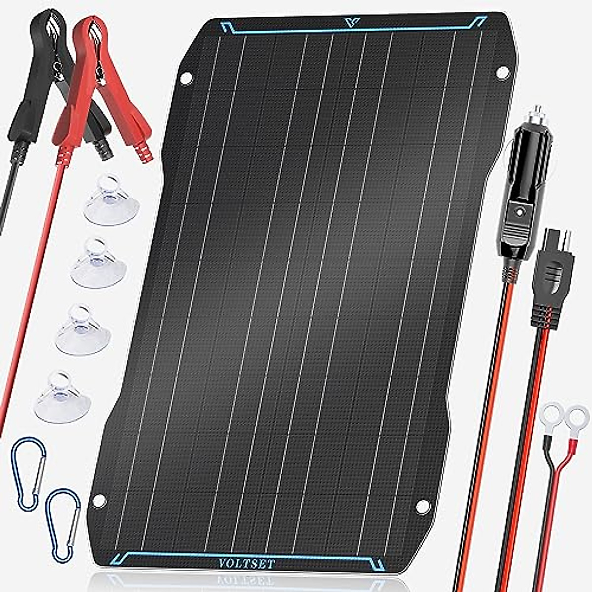 Voltset 30W 12V Flexible Solar Panel Car Battery Charger, Portable Waterproof Power Trickle Battery Charger & Maintainer Pro for Car Boat Automotive RV with Cigarette Lighter Plug & Alligator Clip