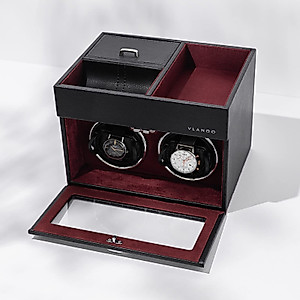Vlando Automatic Double Watch Winder - Watch Winder Box with Men Jewelry Organizer Tray, Japanese Quiet Motor, LED Light, Adjustable Watch Pillows - Red