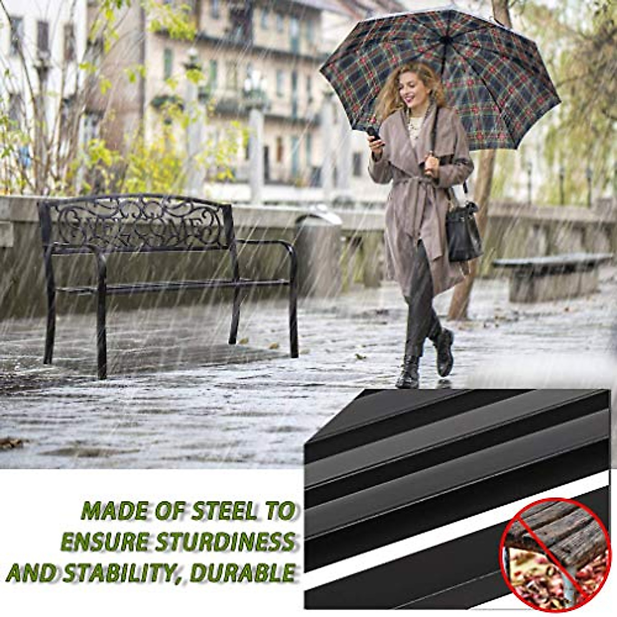 2 Person Outdoor Bench Metal Entryway Bench Garden Patio Bench with Warm Welcome Pattern Backrest and Elegant Flower Finish Porch Bench for Yard Lawn Work Entryway Deck Patio Furniture Bench Black