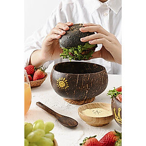 CocoNat Hand-painted Coconut Bowls with Spoon Set and No-Wobble Holders for serving Smoothies, 100% Natural - Durable - Eco Friendly, Handmade Organic Coconut Shells (Mermaid)