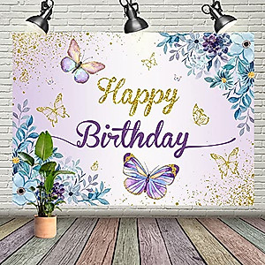 7x5ft Butterfly Happy Birthday Backdrop Purple Butterfly Kisses and Bday Wishes Butterflies Blue Floral Gold Spots Flowers Photography Background for Princess Girl Party Decoration Banner Photo Booth