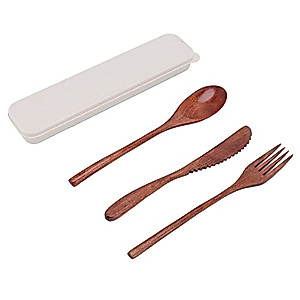 Wooden Cutlery Set of 3 Scratch Proof Portable Spoon Fork Cutter Tableware with Box Wooden Kitchen Dinnerware for Dessert Salads Noodles