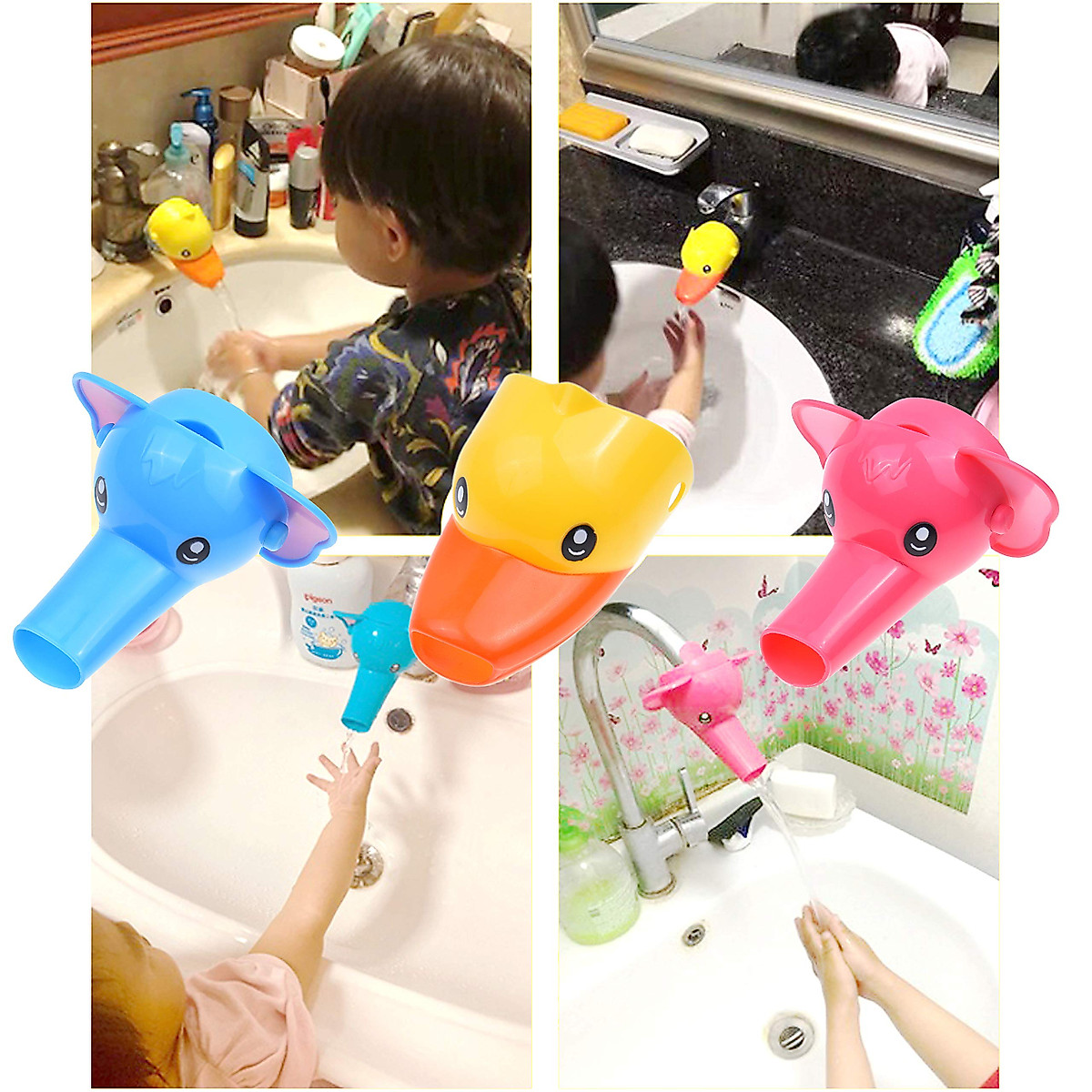 Kare & Kind Animal Shaped Faucet Extenders - 3 Pack - Fun Water Spouts for Toddlers, Kids, Children - Promotes Personal Hygiene and Handwashing - Colorful Yellow Duck, Pink and Blue Elephant Design