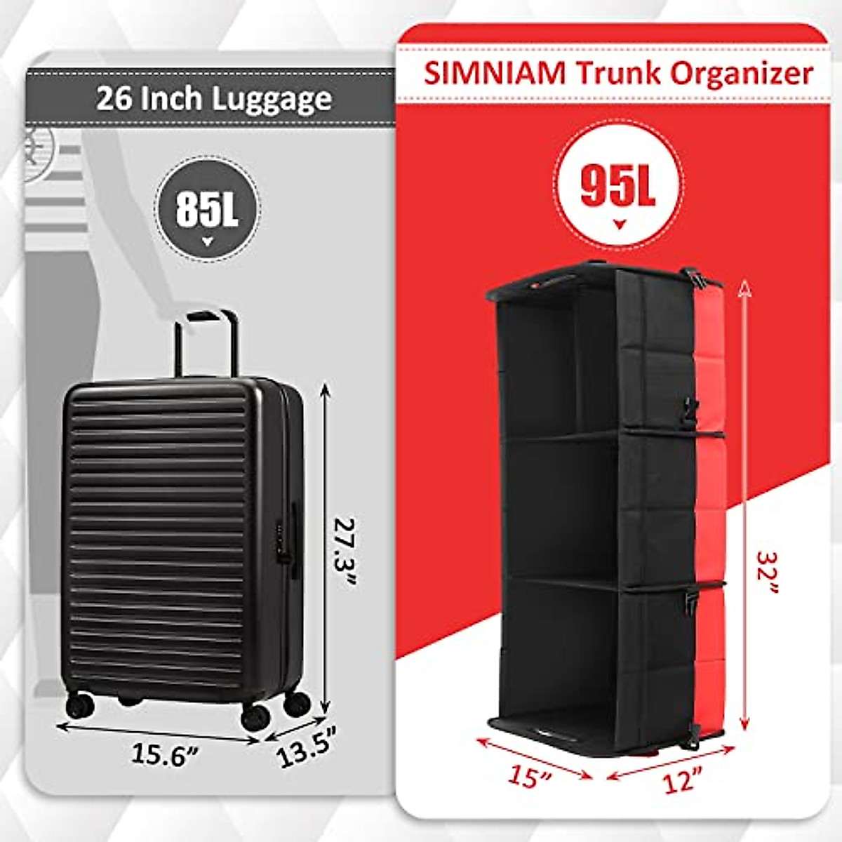 Simniam Car Trunk Organizer Large 95L, Foldable, Non-Slip, Car Storage Organizer Made of Thick Material, Apply to Organizing The Trunk Outdoor Travel Shopping Camping - Red