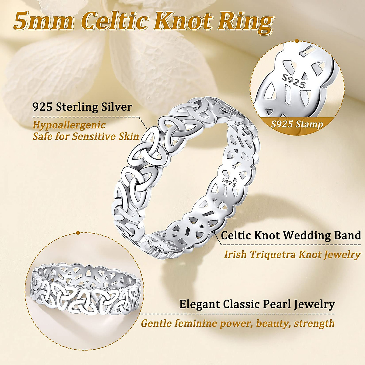 Suplight 925 Sterling Silver Trinity Celtic Knot Ring, 5mm Irish Celtic Bands Triquetra Jewelry for Women Size 11
