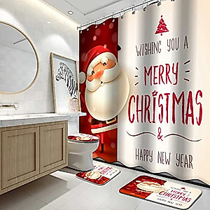 Christmas Shower Curtain Set 4PC with Christmas Shower Curtain with Toilet Lid Cover and Bath Mat, Santa Claus with Big Signboard Christmas Bathroom Set Winter Holiday Home Decor
