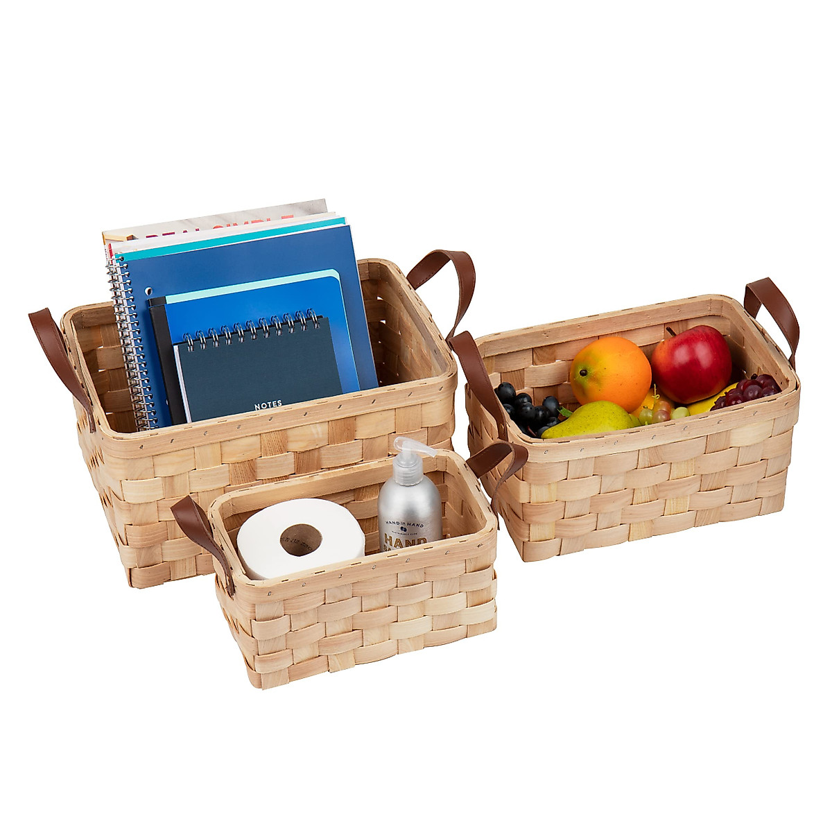 Maison Sucasa Wood Chip Nesting Storage Bin Set, 11, 13, and 16 Lb. (4.9, 5.9 and 7.25 Kg) Capacity, Leather Strap Handles, Home Decor, Set of 3, Brown