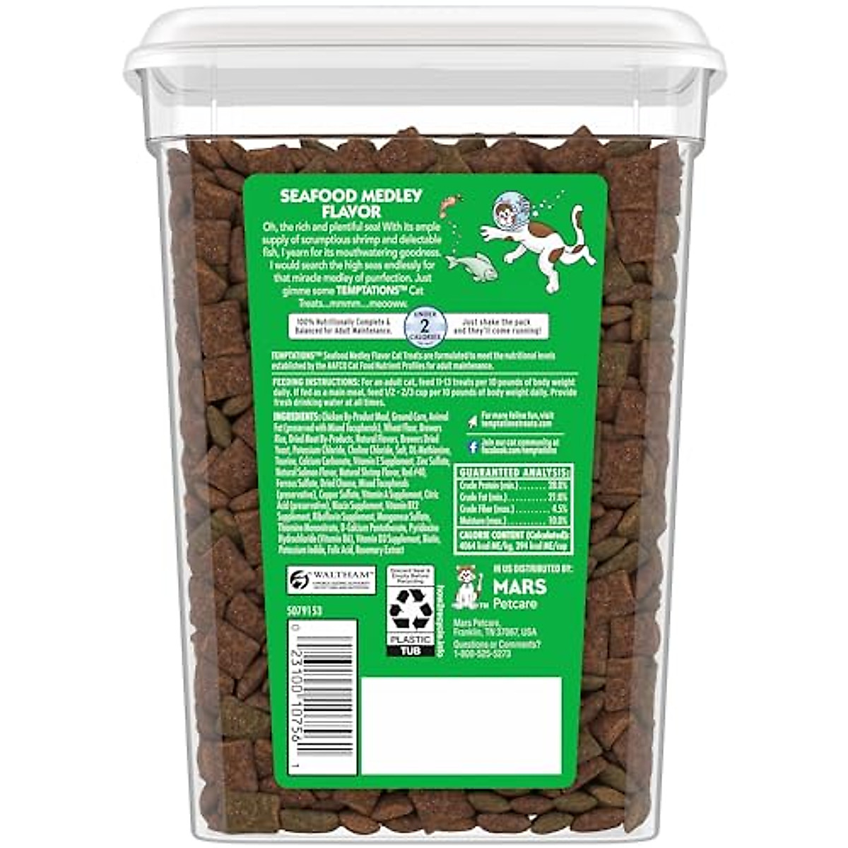 TEMPTATIONS Classic Crunchy and Soft Cat Treats Seafood Medley Flavor, 16 oz. Tub