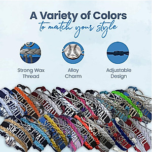 Softball Charm Bracelet (Red/White) Bracelets, Adjustable Bracelet with Softball Charm. Braided Bracelets for Softball Players, Softball Team, and Coaches - by SPORTYBELLA