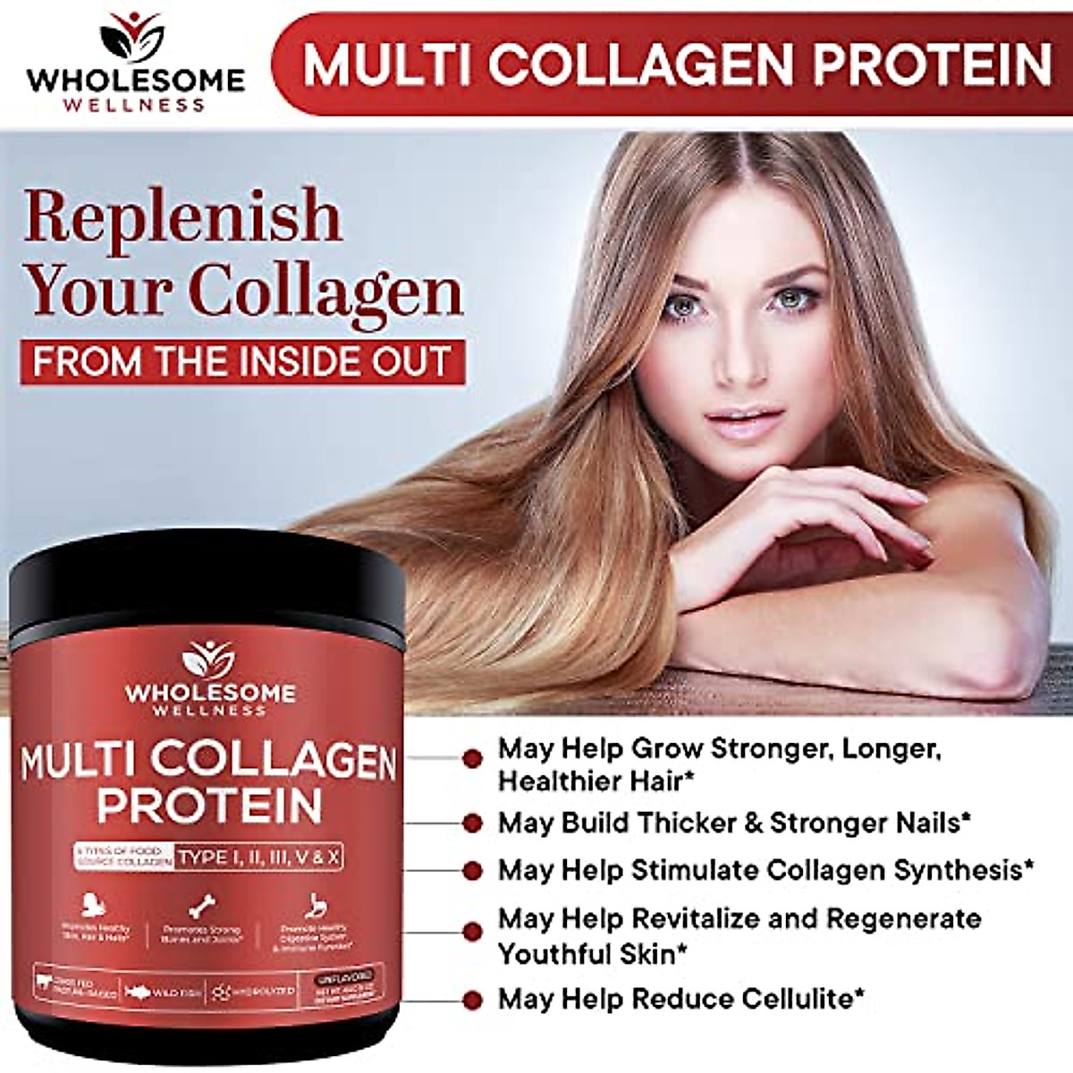 Multi Collagen Protein Powder Hydrolyzed (Type I II III V X) Grass-Fed All-in-One Super Bone Broth + Collagen Peptides - Premium Blend of Grass-Fed Beef, Chicken, Wild Fish, Eggshell Collagen