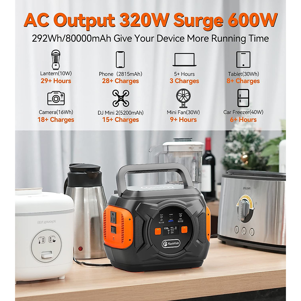 FF FLASHFISH 320W Portable Power Station, 292Wh 80000mAh Solar Generator With AC/DC/100W USB-C/Wireless Charger/SOS Light, CPAP Battery Pack Backup Power For CPAP Outdoor Adventure Camping Emergency