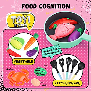 GILOBABY Play Kitchen Accessories, Play Food Sets for Kids Kitchen Playset with Pots and Pans Set, Cooking Utensils, Preschool Learning Education Toys for Toddlers, Birthday Gifts for Girls (Pink)