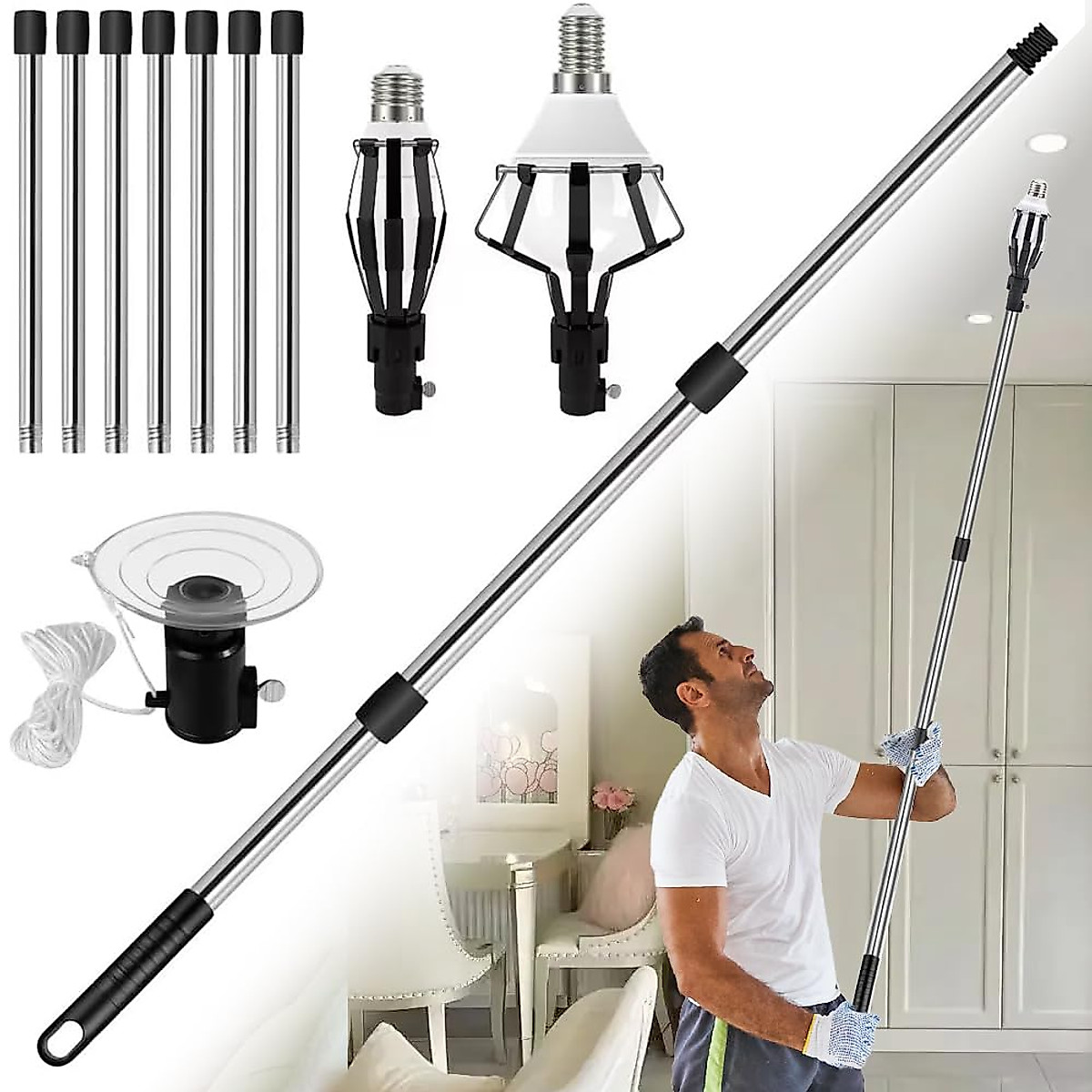 maytopia 12FT Light Bulb Changer for high Ceilings,Light Bulb Changer with Pole,High Reach Light Bulb Extension Pole Changer with Baskets and Suction Cup for Recessed Lights