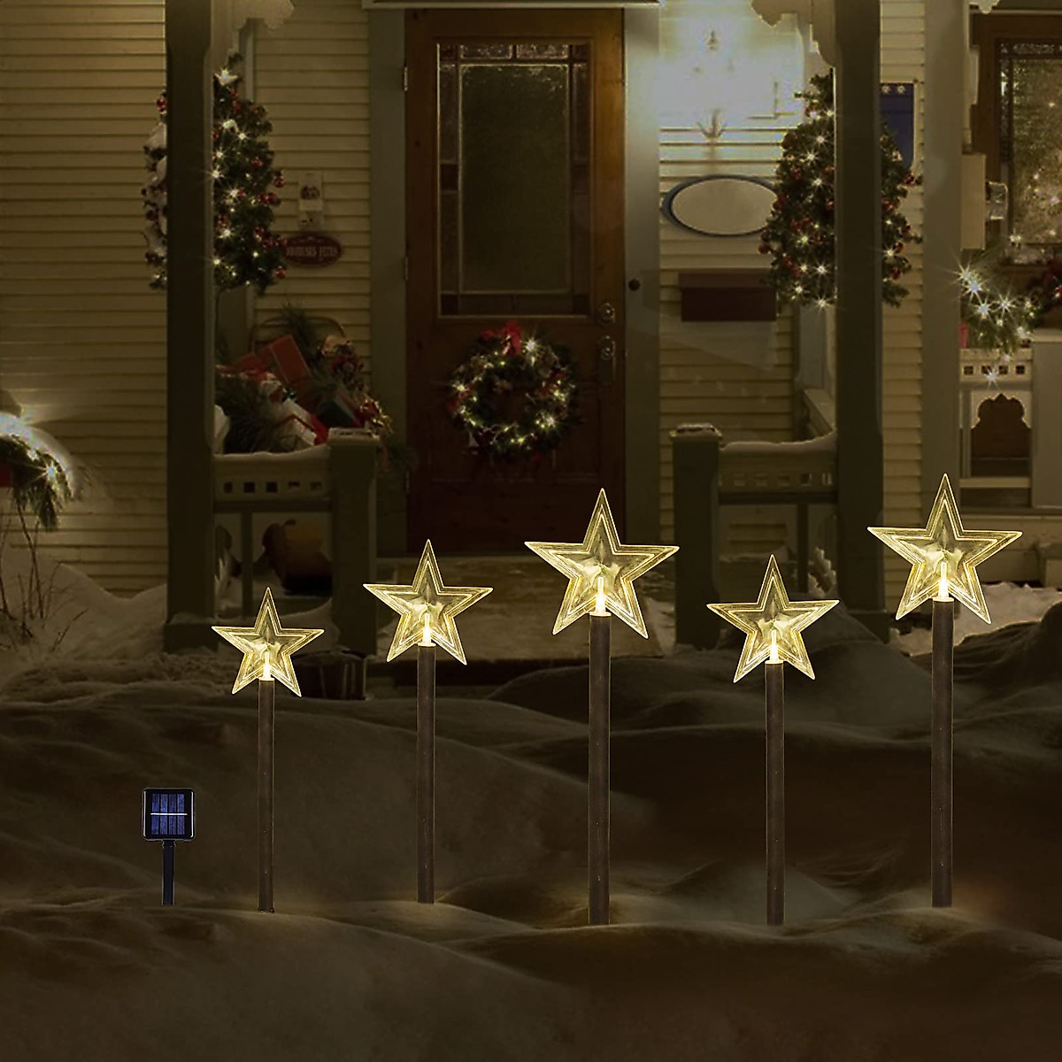 Solar Christmas Lights Outdoor, Energy Saving Waterproof Solar Powered Stake Lights, 2 Lighting Modes Christmas Decorations for 4th of July Home, Pathway, Garden, Walkway, Yard, Lawn, Patio (5 Stars)