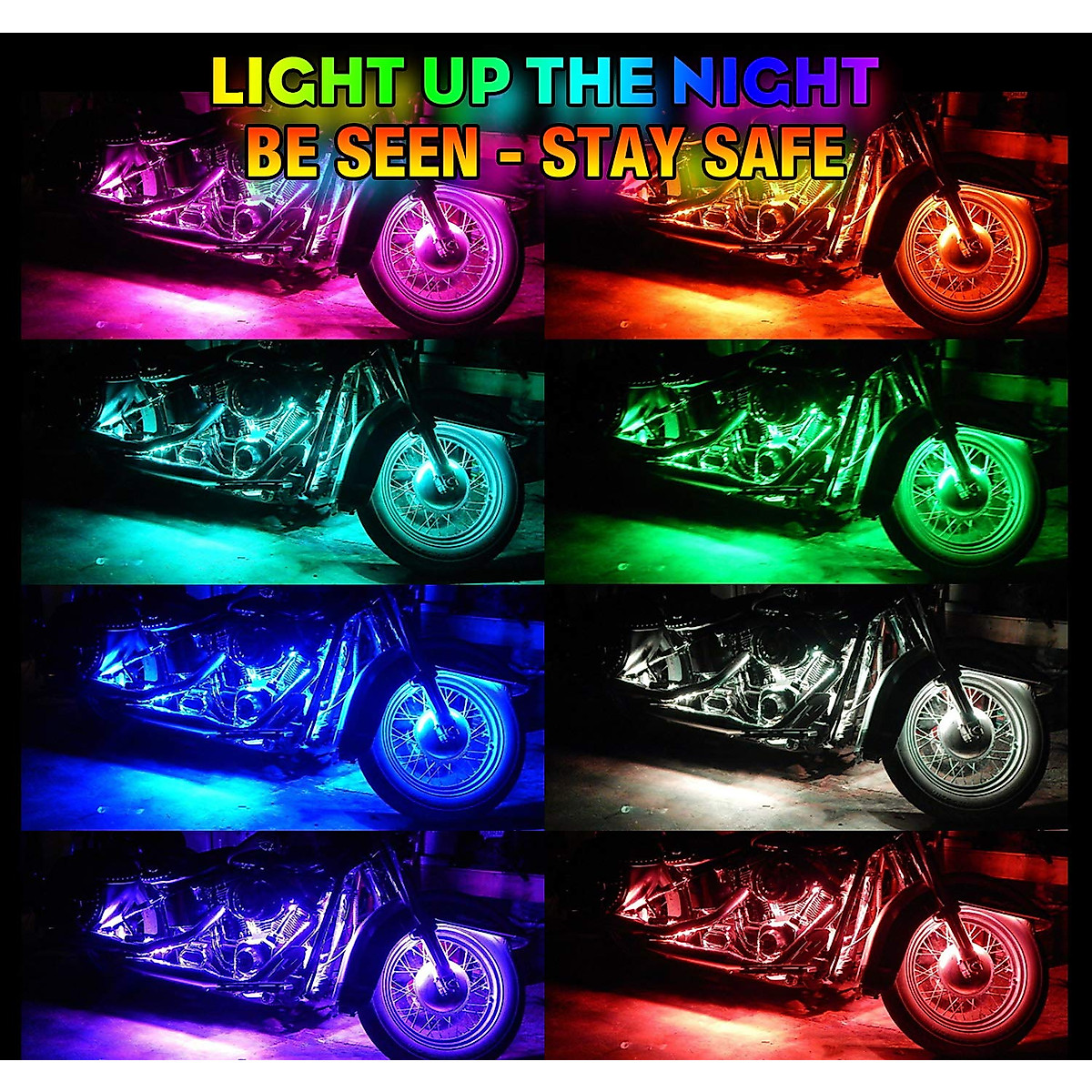 【Clear Stock】 18-Pack Motorcycle LED Underglow Lighting Kits with APP/RF/IR, Under Glow Neon Lamp Light Strips 12V with L&R Turn Signal/Warning/Brake