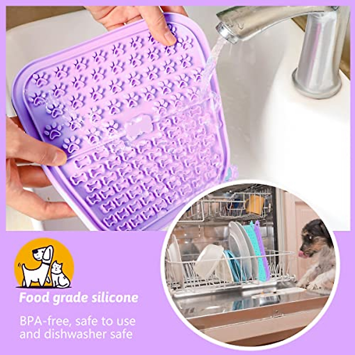 Lick Mat for Dogs 2 Pack Non-Slip Slow Feeders Licking Mat with Suction Cups for Anxiety Relief Include One Spatula for Scooping Out Dog Treat&Cat Food (Purple&Cyan)