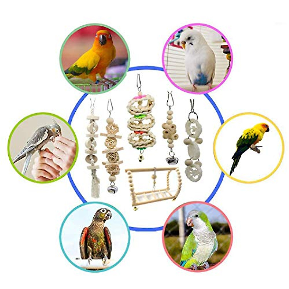 VolksRose 7 Packs Bird Parrot Swing Chewing Toys, Hanging Hammock Bell Pet Bird Climbing Stand Cage Toys Suitable for Small Parakeets, Cockatiels, Conures, Budgie, Macaws, Parrots, Mynah, Love Birds