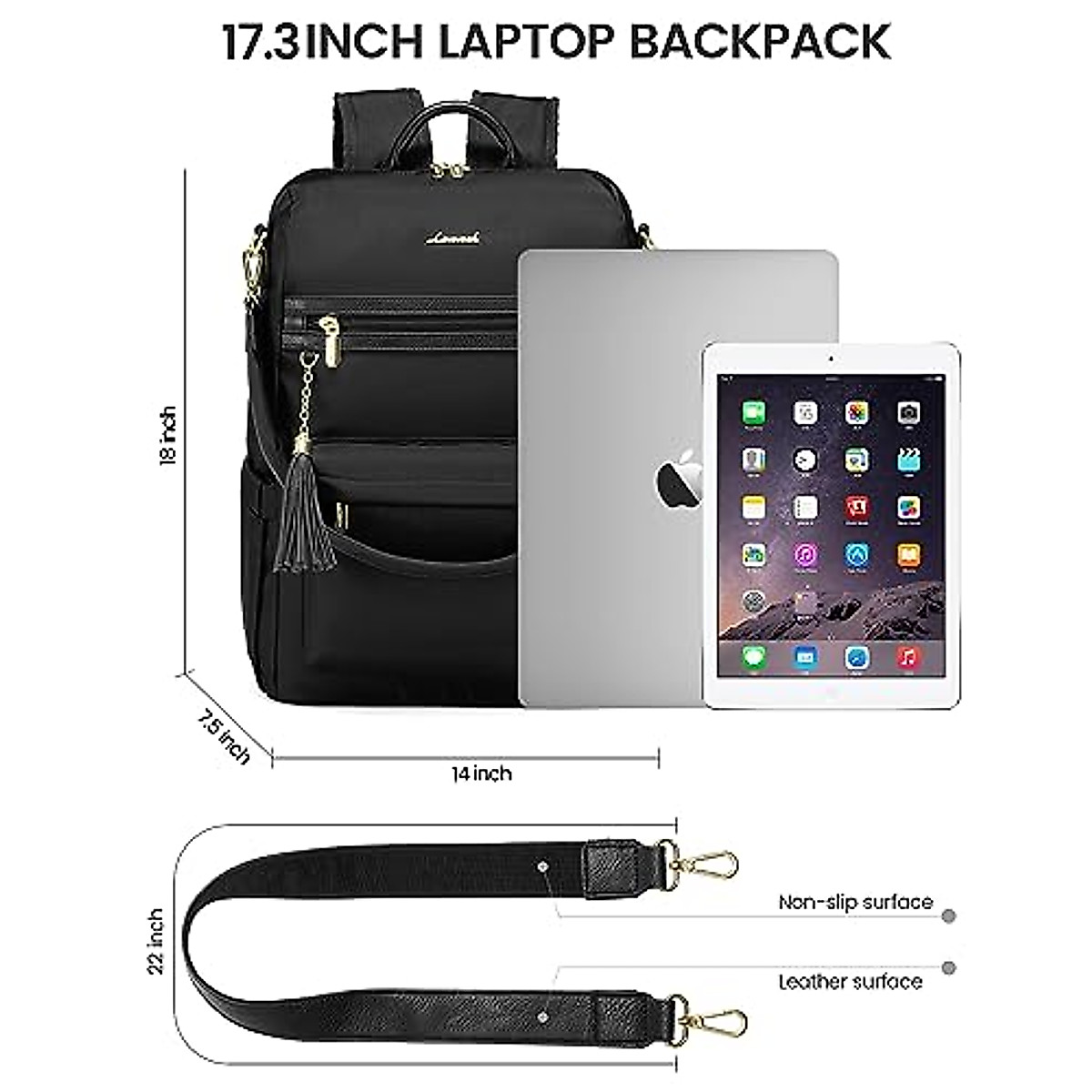 LOVEVOOK Laptop Backpack Women,17.3 Inch Convertible Backpack Purse for Women with USB Port,Fashion Teacher Nurse Bag Work Backpack with Cute Wristlet Bag for Travel College Commute,2 PCS,Black