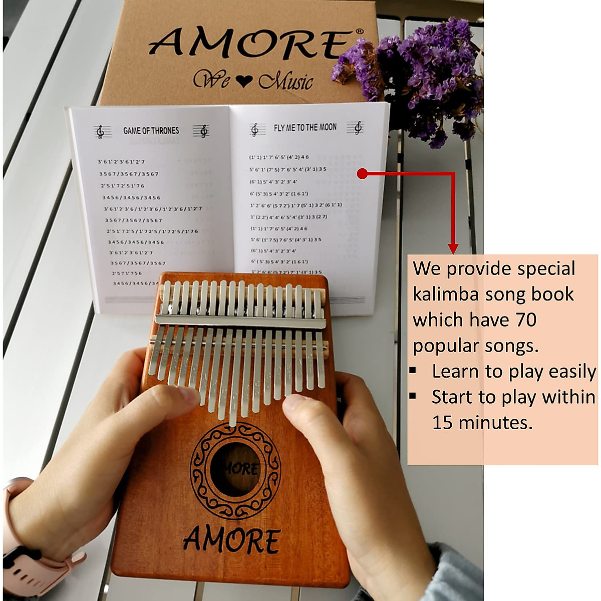 AMORE Kalimba 17 Keys Thumb Piano Small Musical Instrument Christmas Gift for Kids 70 Song Book Tabs Portable Mbira Finger Piano and Adults Beginners All in One Kit
