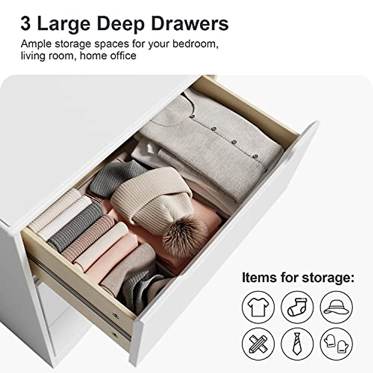 Gizoon 3 Drawers Chest, White Bedroom Drawer Dresser and Organizer with Large Storage Capacity, Embedded Handle, and Sturdy Anti-tripping Device, Modern Design Cabinet for Hallway, Office, Living Room