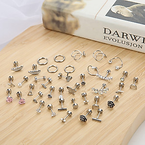 Stainless Steel Earrings,Staligue 19 Pairs Flat Back Earrings and Cartilage Hoop Earrings for Women Hypoallergenic Flat Back Stud Earrings Heart Opal Star Moon 20g Tiny Screw Back Cartilage Earring