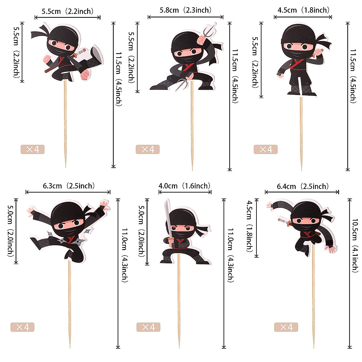 24 PCS Ninja Cupcake Toppers Assembled Martial Arts Karate Kung Fu Warriors Cupcake Picks Decorations for Ninja Theme Baby Shower Kids Birthday Party Supplies