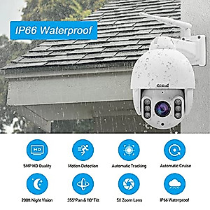 JideTech 5MP PTZ WiFi Camera Outdoor, 5X Optical Zoom IP Dome Camera, Auto Tracking Security Camera, 196ft IR Night Vision, Human/Motion Detection, Two Way Audio, IP66 Waterproof, SD Card Slot